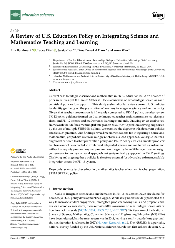 (PDF) A Review of U.S. Education Policy on Integrating Science and ...