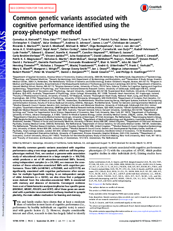 (PDF) Common genetic variants associated with cognitive performance ...
