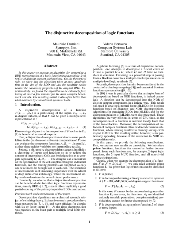 (PDF) The disjunctive decomposition of logic functions