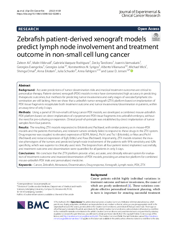 (PDF) Zebrafish patient-derived xenograft models predict lymph node ...