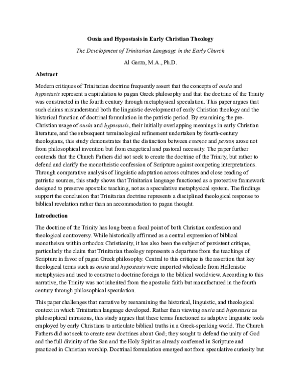 (PDF) Ousia and Hypostasis in Early Christian Theology: The Development ...