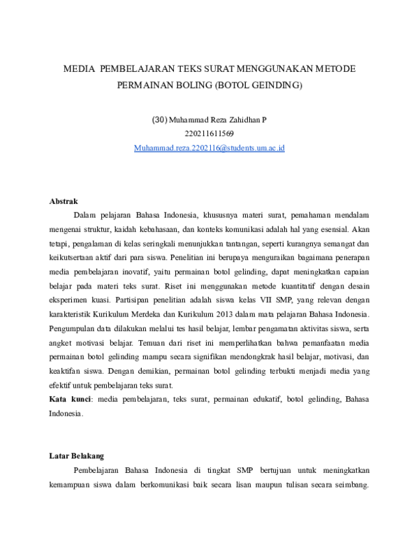 (PDF) MEDIA PEMBELAJARAN TEKS SURAT MENGGUNAKAN METODE PERMAINAN BOLING ...