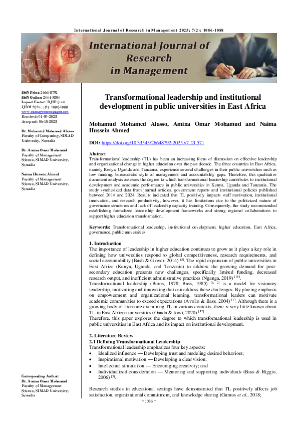 (PDF) Transformational Leadership and Institutional Development in ...