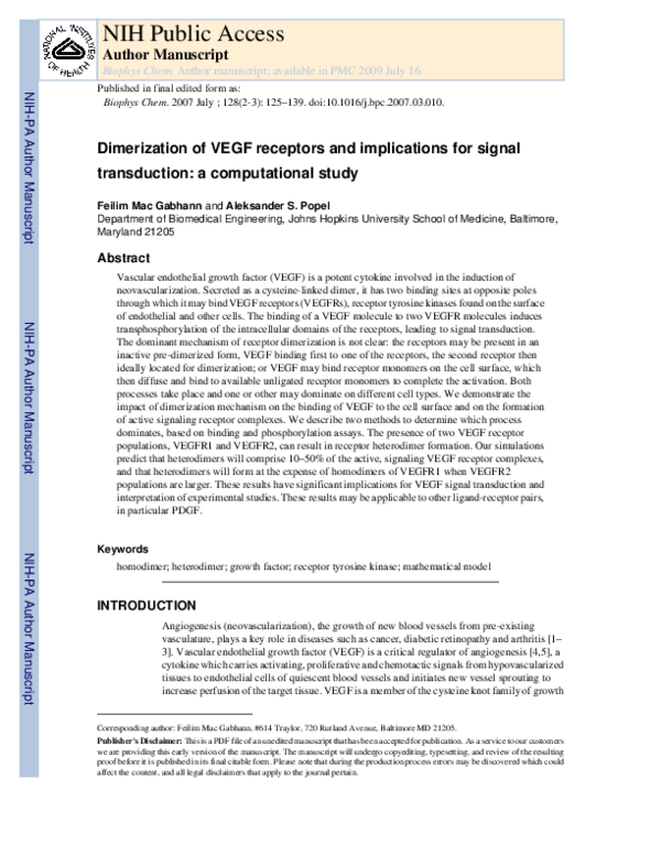 (PDF) Dimerization of VEGF receptors and implications for signal ...