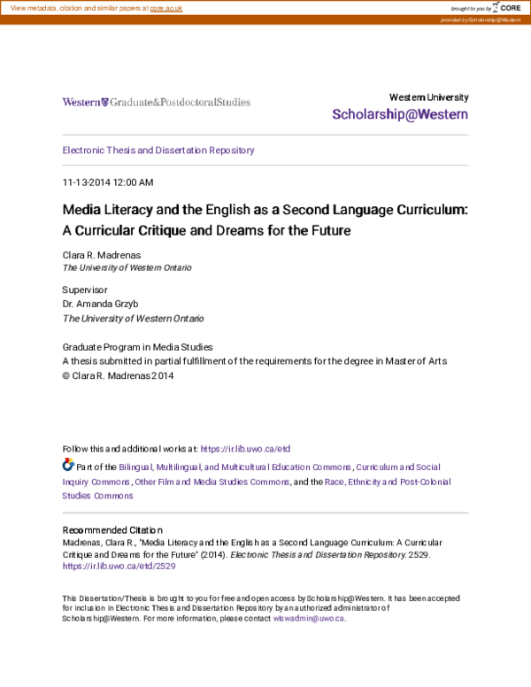 (PDF) Media Literacy and the English as a Second Language Curriculum: A ...