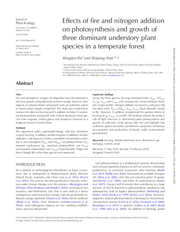 (PDF) Effects of fire and nitrogen addition on photosynthesis and ...