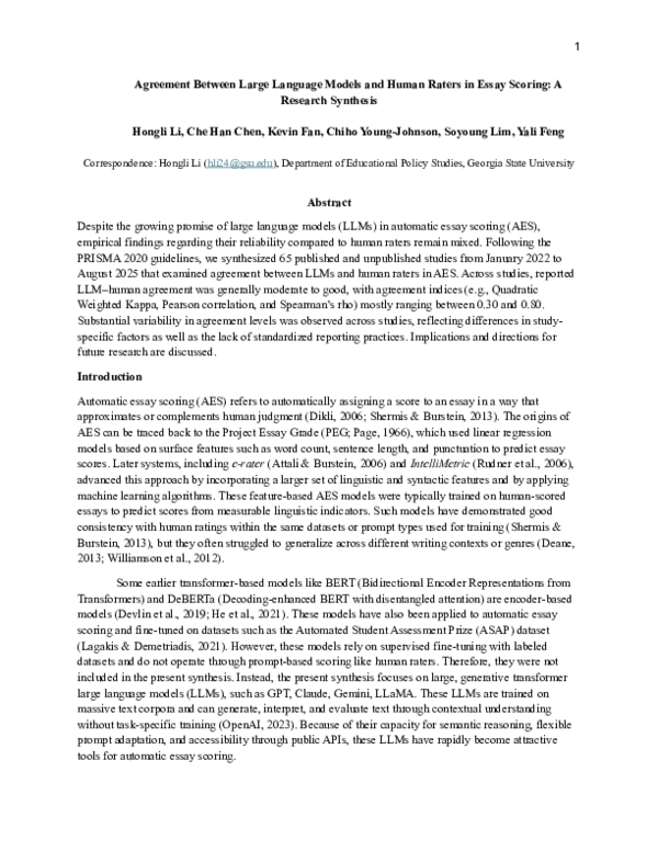 (PDF) Agreement Between Large Language Models and Human Raters in Essay ...