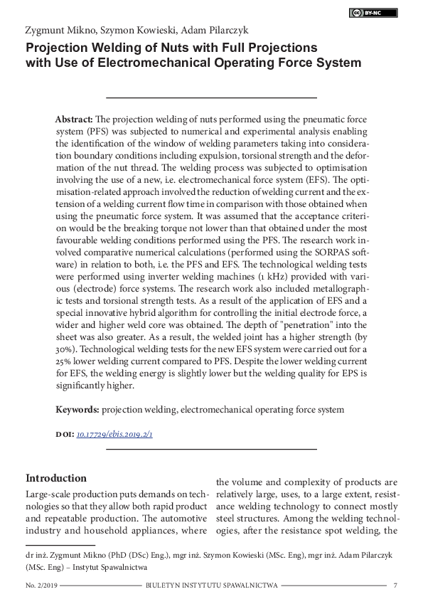 (PDF) Projection Welding of Nuts with Full Projections with Use of ...
