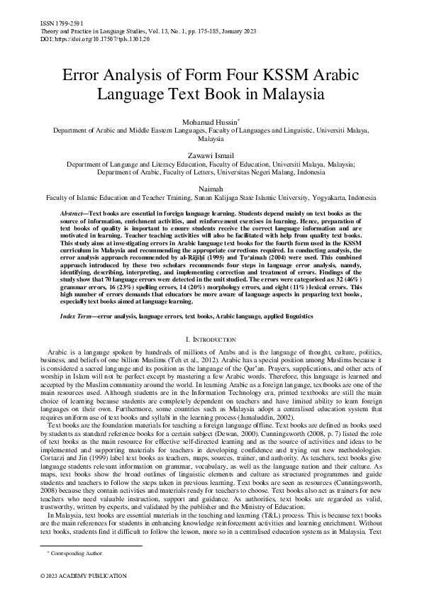 (PDF) Error Analysis of Form Four KSSM Arabic Language Text Book in ...