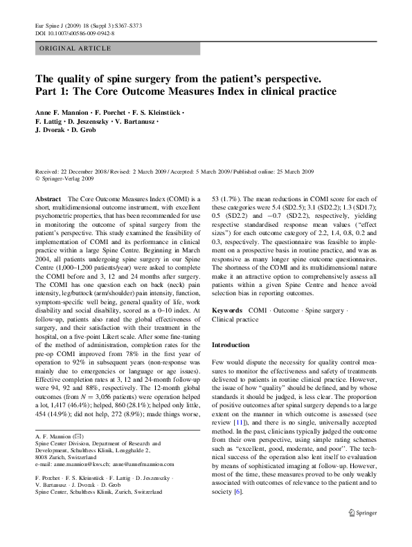 (PDF) The quality of spine surgery from the patient’s perspective. Part ...