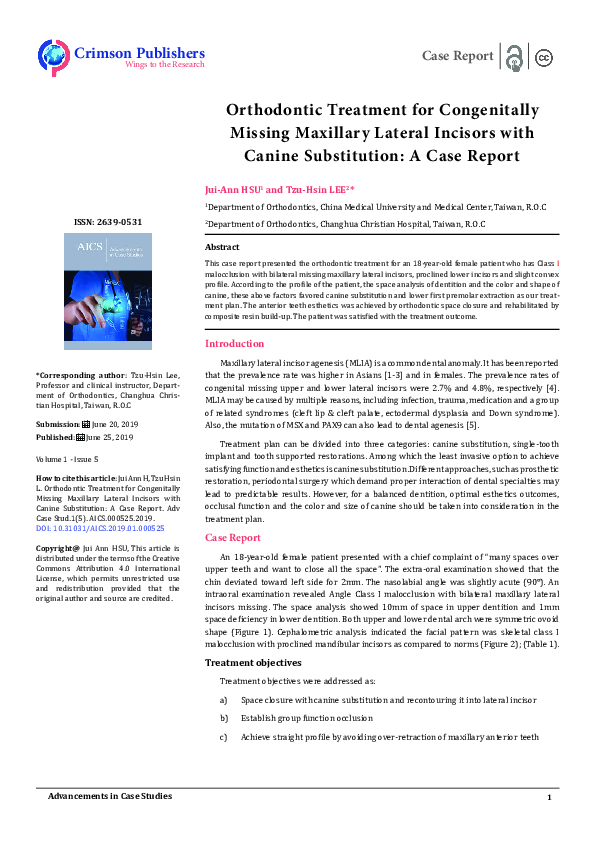 (PDF) Orthodontic Treatment for Congenitally Missing Maxillary Lateral ...