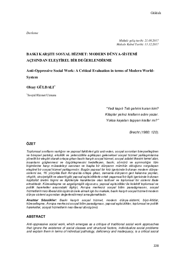 (PDF) BASKI KARŞITI SOSYAL HİZMET: MODERN DÜNYA-SİSTEMİ AÇISINDAN ...