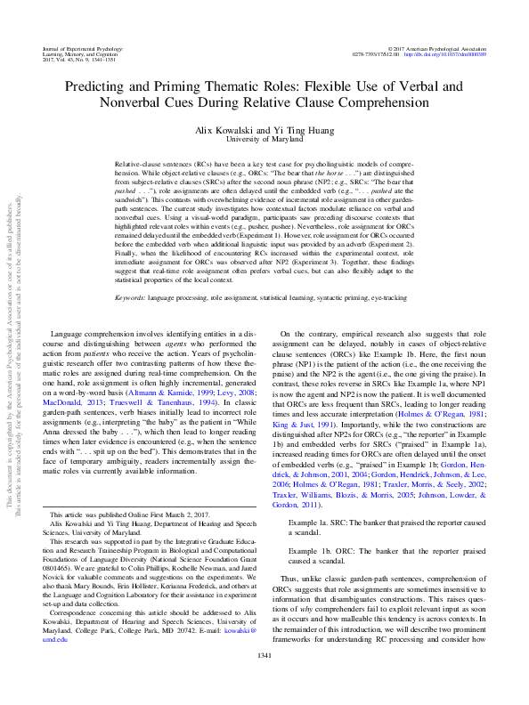 (PDF) Predicting and Priming Thematic Roles: Flexible Use of Verbal and ...