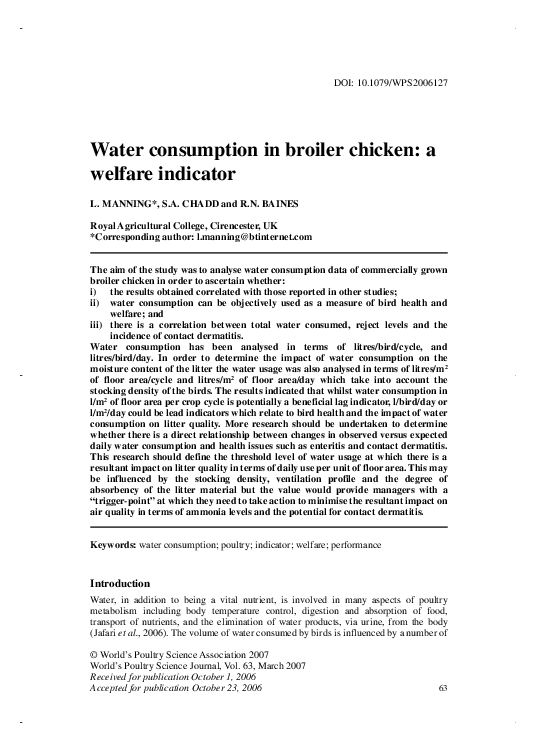 (PDF) Water consumption in broiler chicken: a welfare indicator