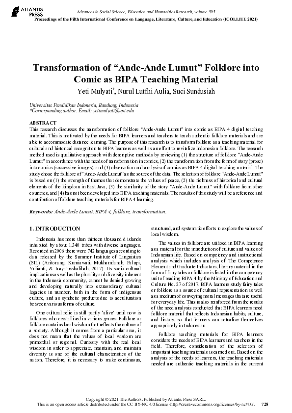 (PDF) Transformation of “Ande-Ande Lumut” Folklore into Comic as BIPA ...