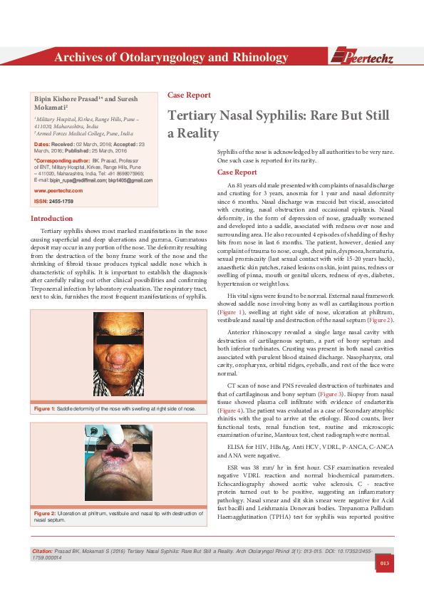 (PDF) Tertiary Nasal Syphilis: Rare But Still a Reality