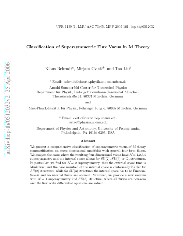 (PDF) Classification of supersymmetric flux vacua in M-theory