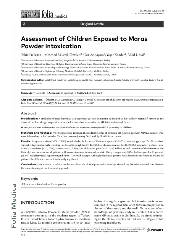 (PDF) Assessment of Children Exposed to Maras Powder Intoxication