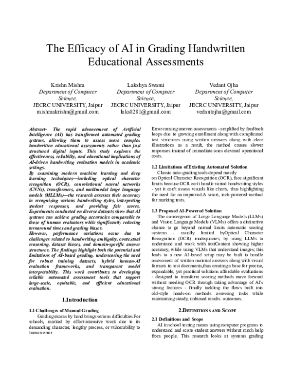 (PDF) The Efficacy of AI in Grading Handwritten Educational Assessments
