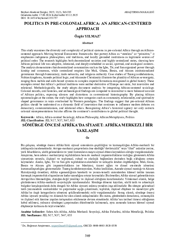 (PDF) POLITICS IN PRE-COLONIAL AFRICA: AN AFRICAN-CENTERED APPROACH