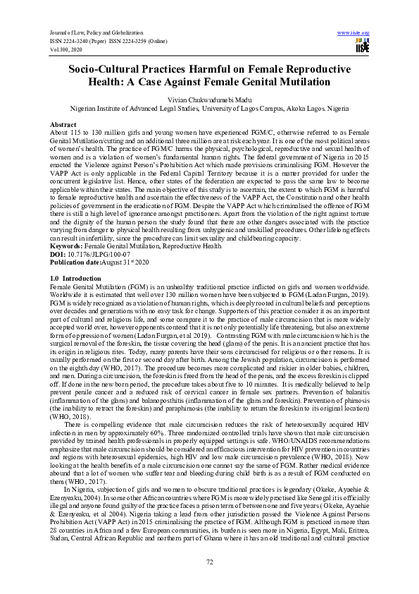 (PDF) Socio-Cultural Practices Harmful on Female Reproductive Health: A ...