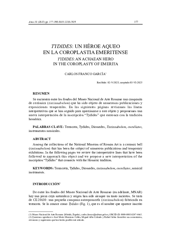 (PDF) TYDIDES: UN HÉROE AQUEO EN LA COROPLASTIA EMERITENSE TYDIDES: AN ...