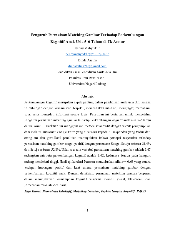 (PDF) Pengaruh Permainan Matching Gambar Terhadap Perkembangan Kognitif ...