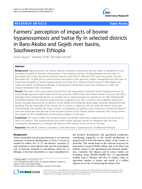 (PDF) Farmers’ perception of impacts of bovine trypanosomosis and ...