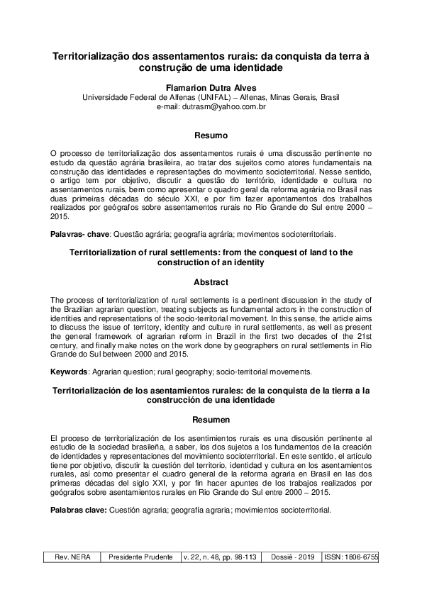 (PDF) TERRITORIALIZAÇÃO DOS ASSENTAMENTOS RURAIS: DA CONQUISTA DA TERRA ...