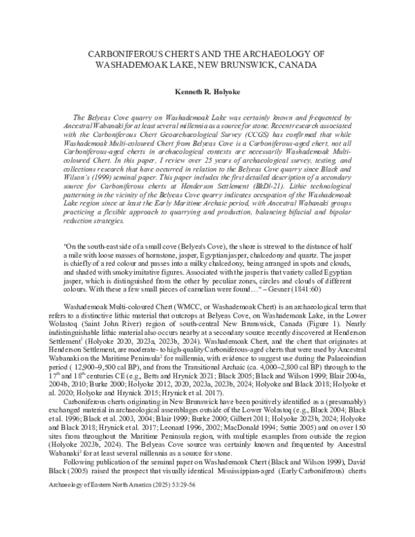 (PDF) CARBONIFEROUS CHERTS AND THE ARCHAEOLOGY OF WASHADEMOAK LAKE, NEW ...