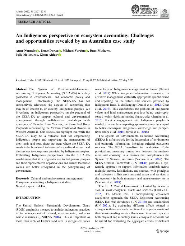 (PDF) An Indigenous perspective on ecosystem accounting: Challenges and ...