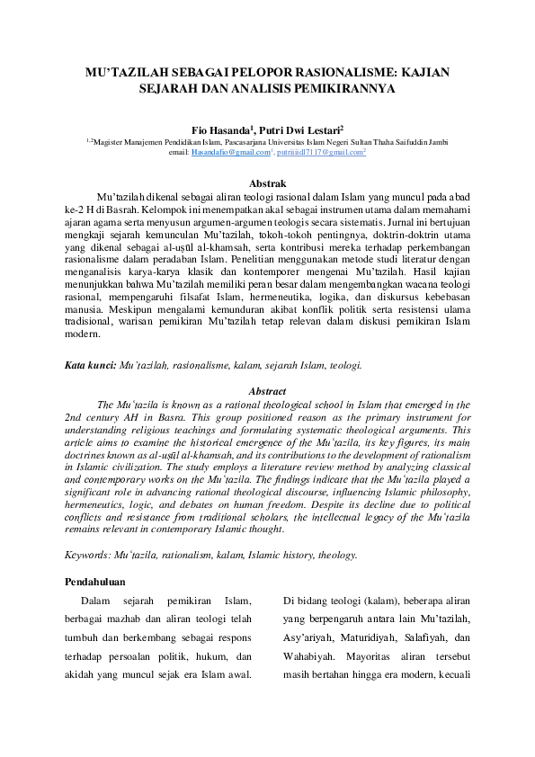 (PDF) MU'TAZILAH SEBAGAI PELOPOR RASIONALISME: KAJIAN SEJARAH DAN ...