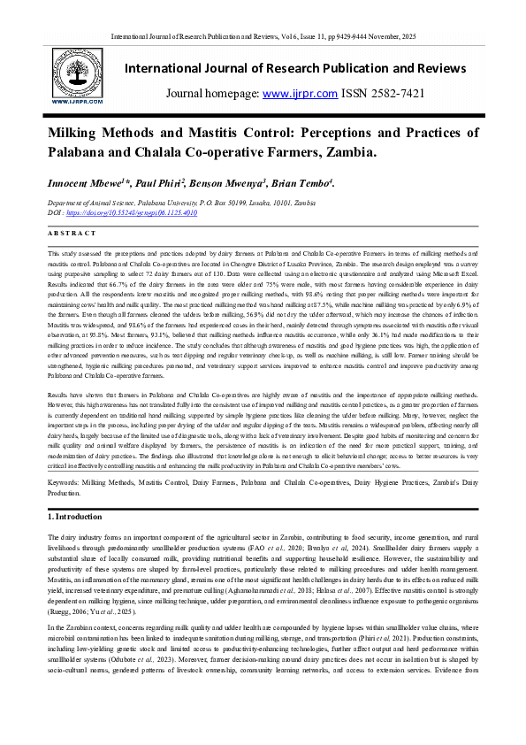 (PDF) Milking Methods and Mastitis Control: Perceptions and Practices ...