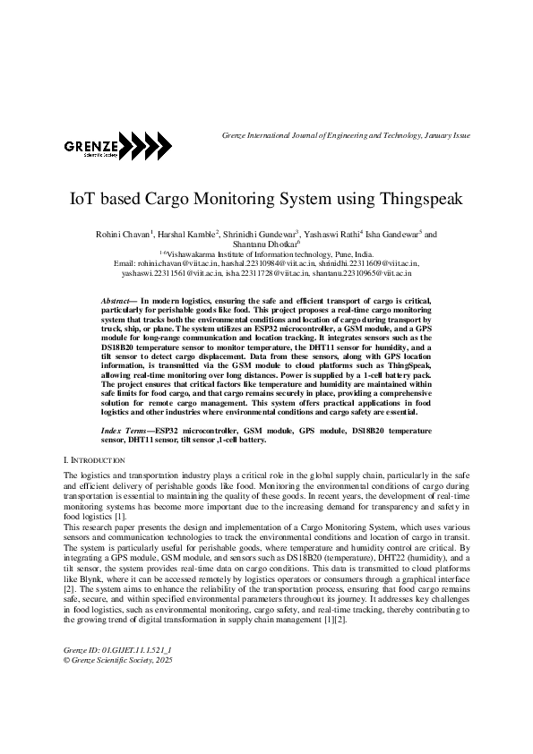(PDF) IoT based Cargo Monitoring System using Thingspeak