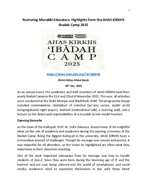 (PDF) Nurturing Murabbi Educators: Highlights from the AHAS KIRKHS ...
