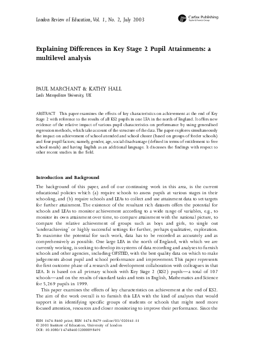 (PDF) Explaining Differences in Key Stage 2 Pupil Attainments: A ...