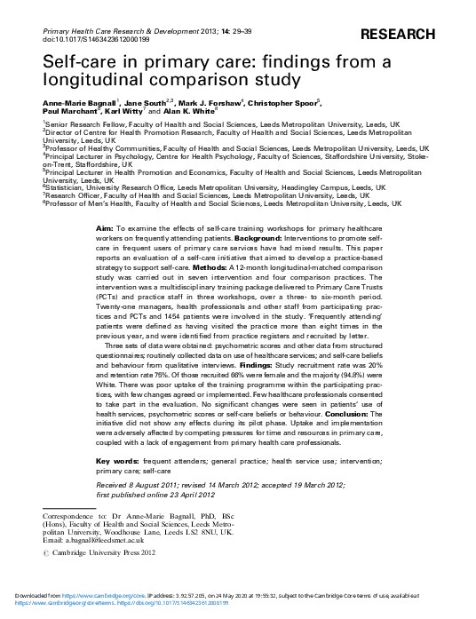 (PDF) Self-care in primary care: findings from a longitudinal ...