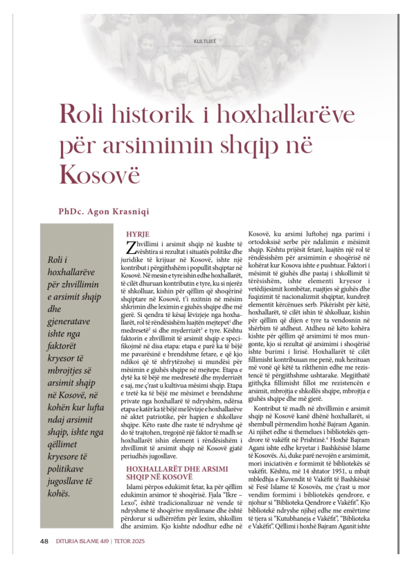 (PDF) Roli historik i hoxhallarëve për arsimimin shqip në Kosovë