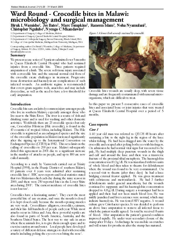 (PDF) Ward Round - Crocodile bites in Malawi: microbiology and surgical ...