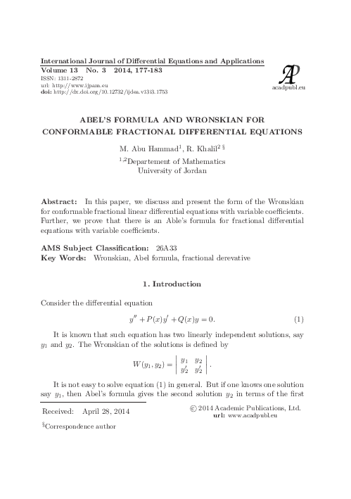 (PDF) Abel's Formula and Wronskian for Conformable Fractional ...