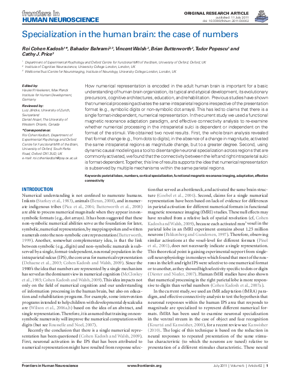 (PDF) Specialization in the human brain: The case of numbers
