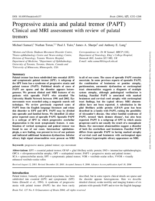(PDF) Progressive ataxia and palatal tremor (PAPT): Clinical and MRI ...