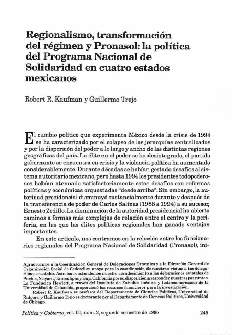 (PDF) Regionalismo, transformación del régimen y Pronasol: la política ...