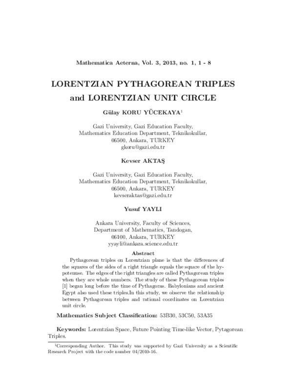 (PDF) Lorentzian Pythagorean Triples and Lorentzian Unit Circle
