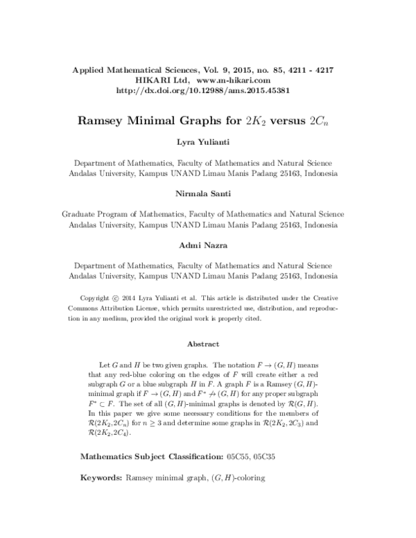 (PDF) Ramsey minimal graphs for 2K_2 versus 2C_n