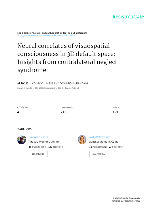 (PDF) Neural correlates of visuospatial consciousness in 3D default ...