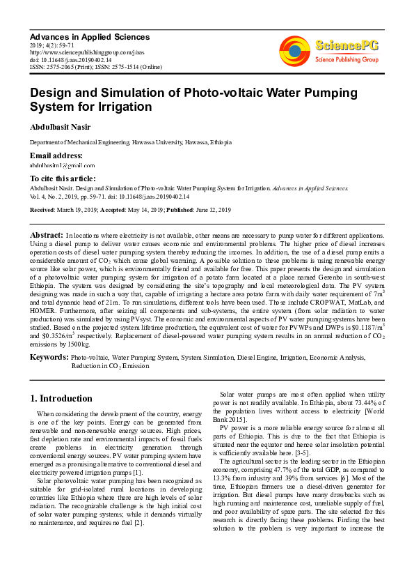 (PDF) Design and Simulation of Photo-voltaic Water Pumping System for ...
