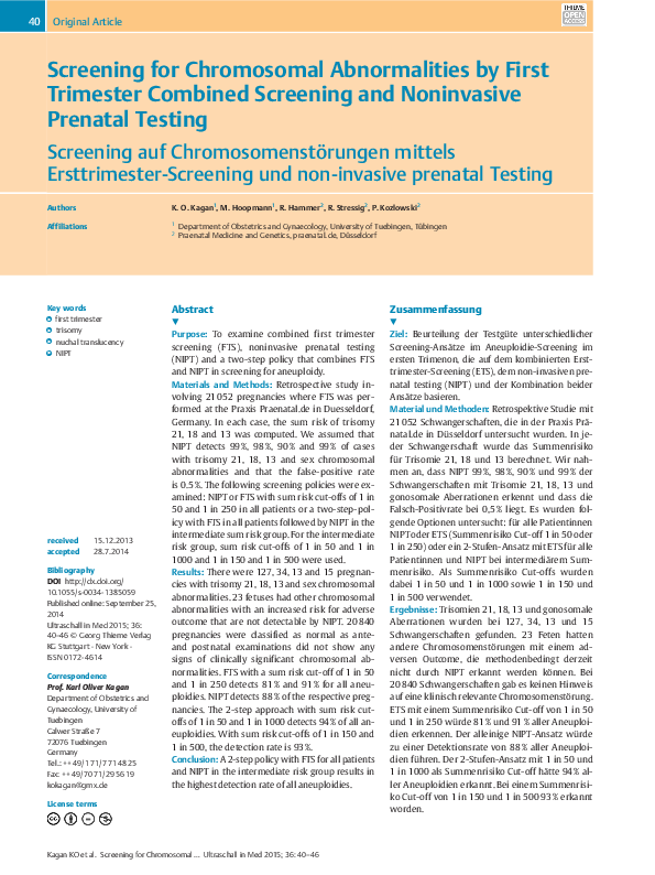 (PDF) Screening for Chromosomal Abnormalities by First Trimester ...