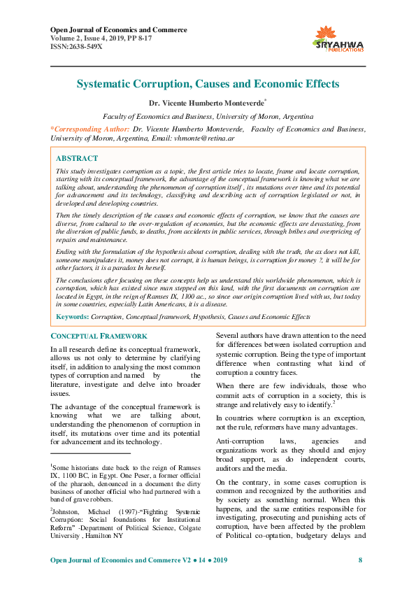 (PDF) Systematic Corruption, Causes and Economic Effects