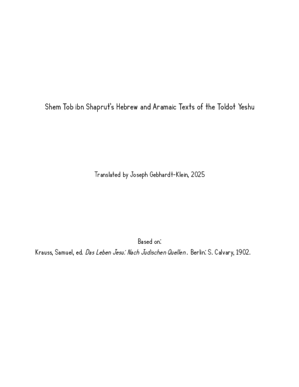 (PDF) Shem Tob ibn Shaprut’s Hebrew and Aramaic Texts of the Toldot Yeshu